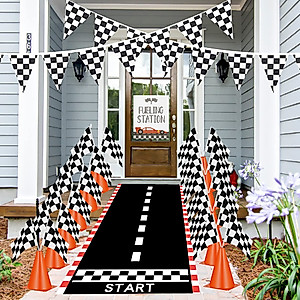 JUPOZOP 39 Pcs Racing Car Party Decorations&Supplies with 12 mini Traffic Cones, 24 Checkered Flags on Sticks, 2 Sets Chequered Pennant