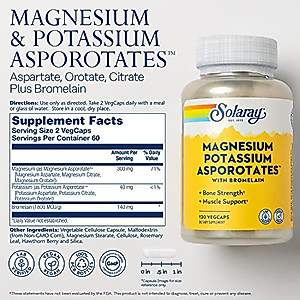 Solaray Magnesium and Potassium Asporotates w/ Bromelain | Healthy Electrolyte, Muscle, Heart & Cellular Support | 60 Servings | 120 VegCaps