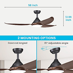 CJOY 58'' Wood Ceiling Fans with Lights, Bedroom Ceiling Fan with Remote Control, LED Dimmable Reversible Noiseless DC Motor Ceiling Fans for Patio Bedroom, Indoor/Outdoor Use
