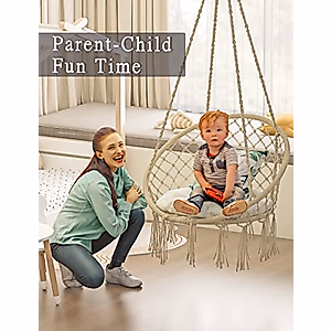 Wodeer Hammock Swing Chair with LED Light,Cushion and Hardware Kits,Handwoven Cotton Rope Macrame Hanging Swing Chair for Indoor, Outdoor, Patio, Bedroom.330 Lbs Capacity,for Almost Ages use,Beige