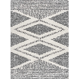 Hauteloom Trunding Moroccan Farmhouse Living Room Bedroom Shaggy Area Rug - Bohemian Shag Rug - Plush High Pile - Southwestern Boho Soft Carpet - Black, Cream, Grey, Beige - 5'3" x 7'3"