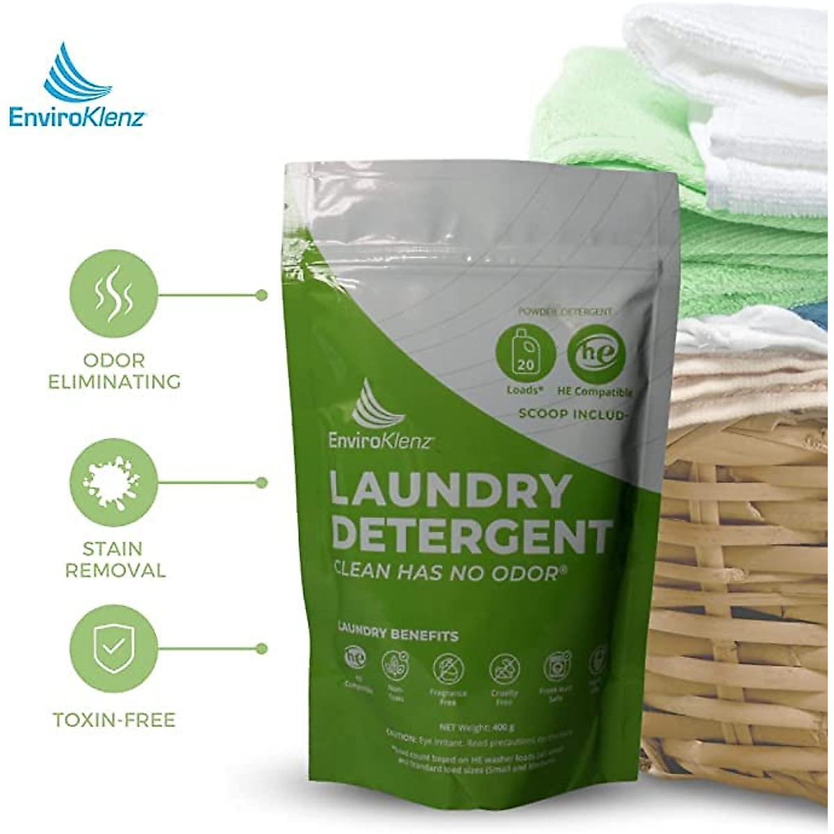 EnviroKlenz Liquid Laundry Enhancer | Non-Toxic, Fragrance-Free Additive | 20 loads, 77 Fl oz with 3 load EnviroKlenz Washing Deodorizer, and EnviroKlenz Powder Detergent, 20 loads