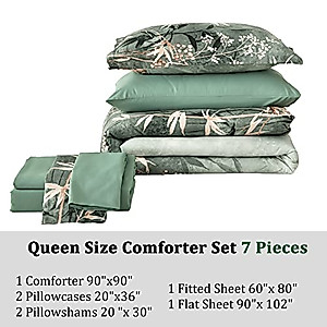 Dinjoy Botanical Comforter Set Queen 7 Pieces Bed in A Bag Dark Green Bamboo Leaves Comforter Set Soft Microfiber Queen Green Omber Comforter with Sheet (7 PCS Queen Comforter,Green)
