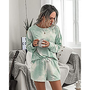 PRETTYGARDEN Women’s Tie Dye Printed Pajamas Set Long Sleeve Tops with Shorts Lounge Set Casual Two-Piece Sleepwear Green
