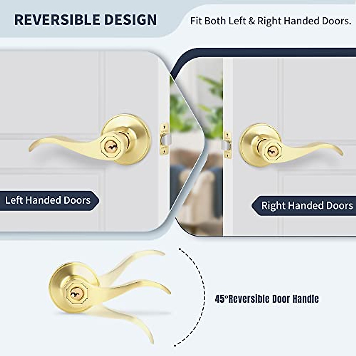 LOQRON Wave Style Door Lever Keyed Entry Door Handle with Lock, Entrance Lever Reversible for Left/Right Handed for Office or Front Door with Satin Brass Finish, 1 Pack