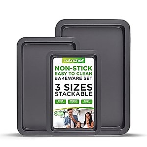 NutriChef 3-Piece Nonstick Oven Cookie Sheets for Baking - Heavy Duty Carbon Steel Baking Sheet Pans Set - Large, Medium, and Small Sized Baking Tray - Dishwasher Safe, Black