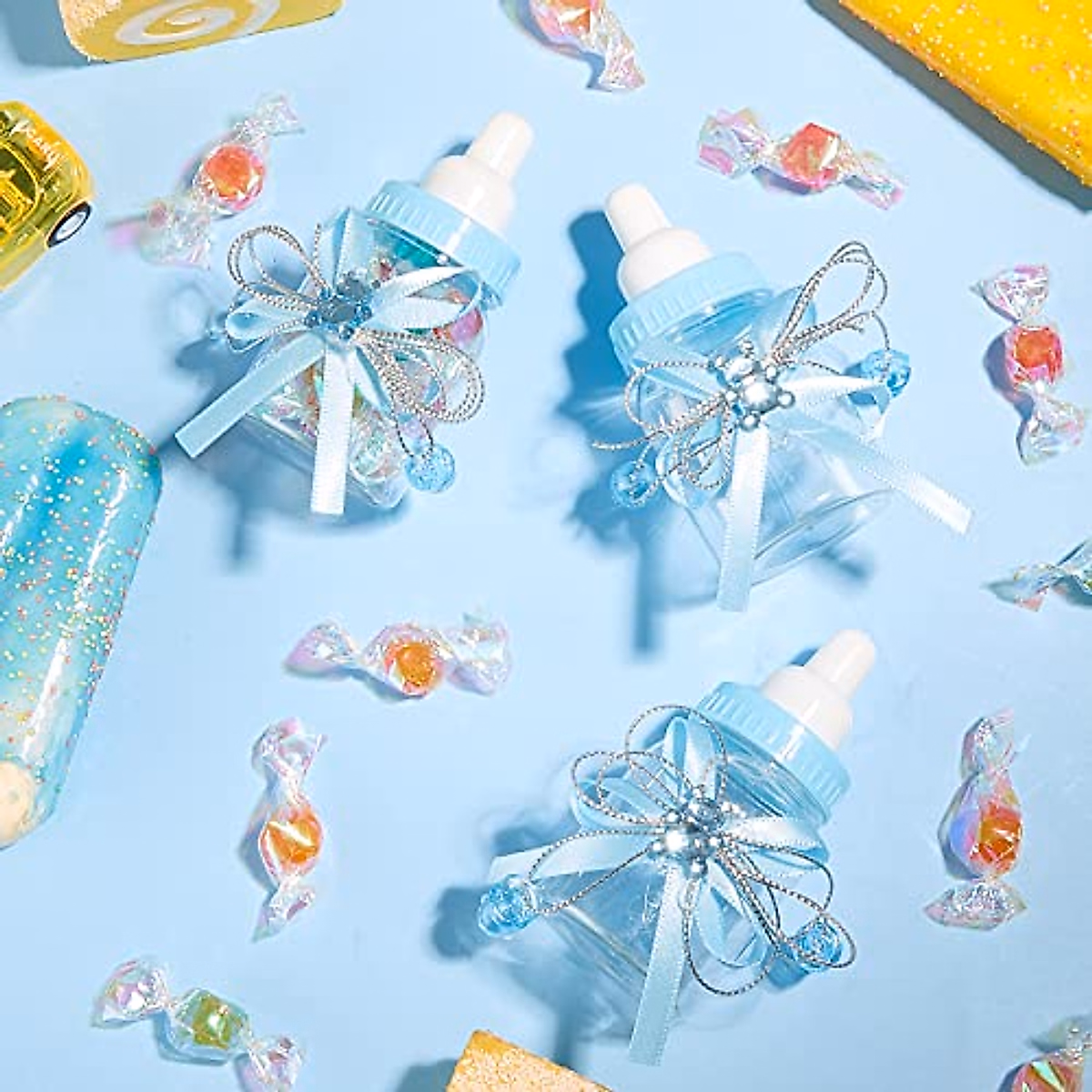 48 Pcs Baby Shower Bottles Baby Shower Mini Milk Bottle Baby Bottles Mini Baby Bottles for Baby Shower Plastic Bear Candy Box Bottles with Ribbon for Baby Shower Favor Gift Decor (Blue)