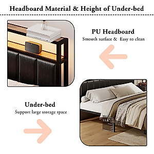 LUXOAK Queen Bed Frame with 2 Storage Drawers, 2-Tier Storage PU Headboard with Charging Station& LED Lights, Metal Platform Bed/No Box Spring Needed/Noise Free/Black