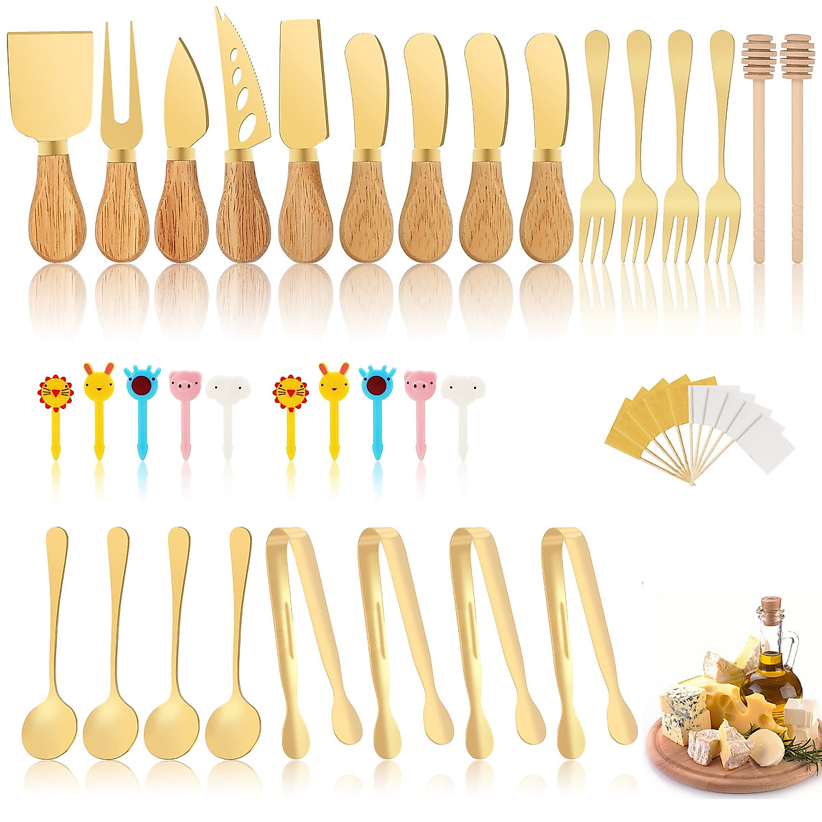 Cheese Knife Set Gold Charcuterie Board Accessories Wooden, Serving Utensils Wood Handle Butter Spreader Knives Kit With Mini Tongs, Spoon, Fork, Flags Markers, Honey Dipper And Food Picks (25 Pieces)