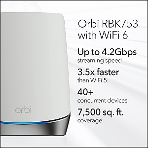 Netgear Netgear Orbi RBK753 - Wi-Fi System (Router, 2 Extenders) - Up to 7,500 Sq.ft - Mesh - GigE, 802.11ax - 802.11a/b/g/n/ac/ax - Tri-Band - RBK753-100NAS (Renewed)