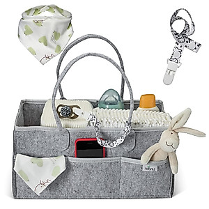 NEENY Baby Diaper Caddy Organizer – Portable Changing Table Storage Basket – Soft Felt Grey Nappy Bag Adjustable Compartments – Wipes Bottle Nursing Home & Car Travel – FREE Cotton Bib & Pacifier Clip