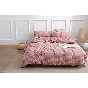 Generic All Season Washed Cotton Plaid & Gingham Duvet Cover Set - Soft, Durable Bedding in with Pillow Cases - Trendy, Versatile Bedroom Decor (Pink, Full/Queen)