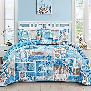 DJY Coastal Quilt Set King Coastal Blue Pattern Quilt Coverlet Set Soft Coastal Patchwork Bedspread with 2 Pillow Shams 3 Pieces Coastal Bedding Quilt Set for All Season 90"x 104"