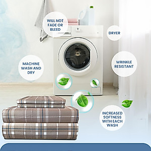 Thermee Micro Flannel Full-Size Sheet Set, Machine Wash & Dry, No Pilling, 16" Deep Pocket, 2 Pillowcases, Fashion Plaid Bark