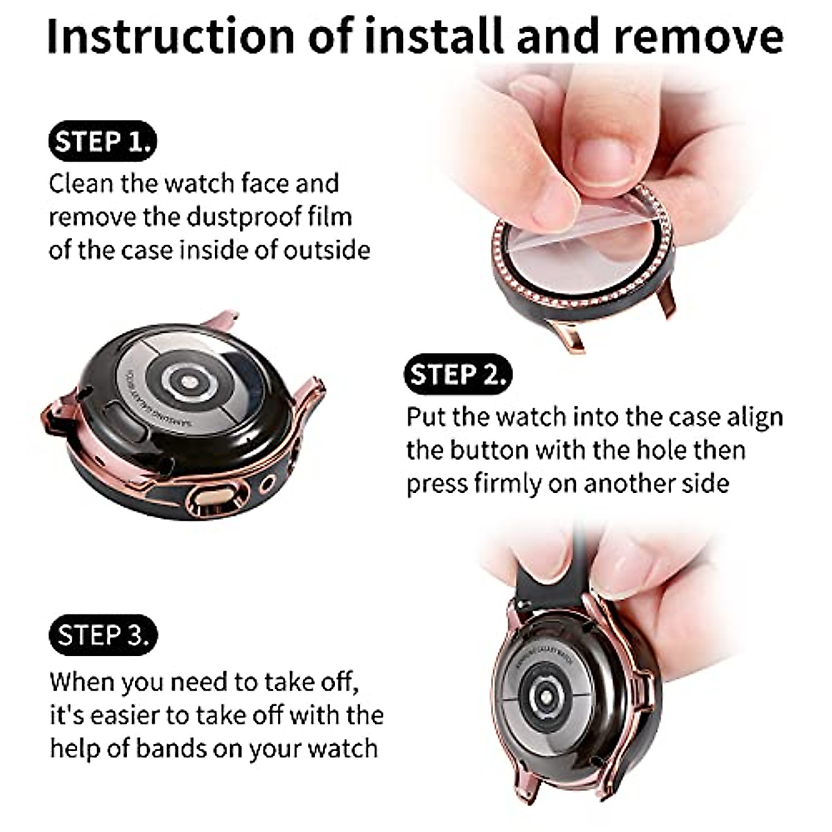 GEAK Compatible with Samsung Galaxy Watch Active 2 Case 40mm, Overall Guard Diamonds HD Screen Protector with Rose Gold Edges Design for Samsung Active 2 Watch Women Girls 40mm Black/Rosegold