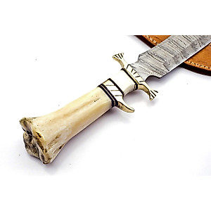HandSmith™ 15" Handmade Damascus Steel Hunting Knife, Hand Forged Damascus Steel Fixed Blade Bowie Knife, Genuine Leather Sheath, Camel Bone Handle Firm Grip (White)