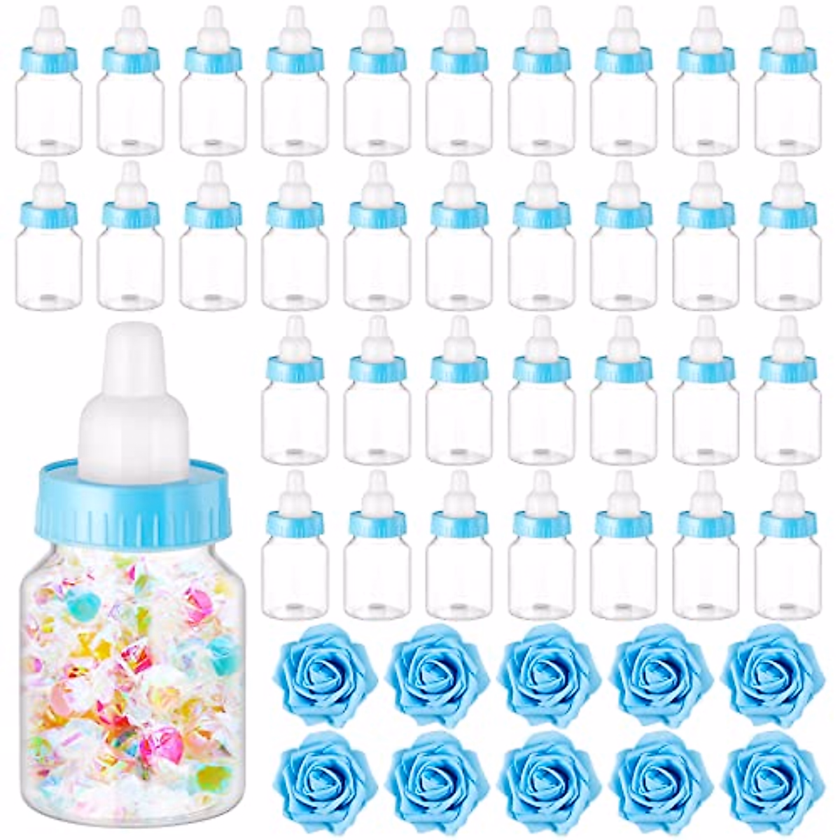 Jinei 48 Pcs Mini Baby Bottles Baby Shower Favor 3.5 Inch Clear Plastic Baby Bottle Candy Box with 10 Artificial Flower Newborn Baby Shower Gifts for Guests Baby Shower Favor Gift Decoration (Blue)