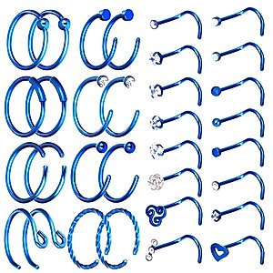 32Pcs Style-2 20G Blue 32Pcs 20G Unisex L-Shaped C-Shaped Nostril Screw Nose Tongue Lip Ear Rings Hoop Studs Seamless Hinged Rings Ball Closure Rings Mixed Set