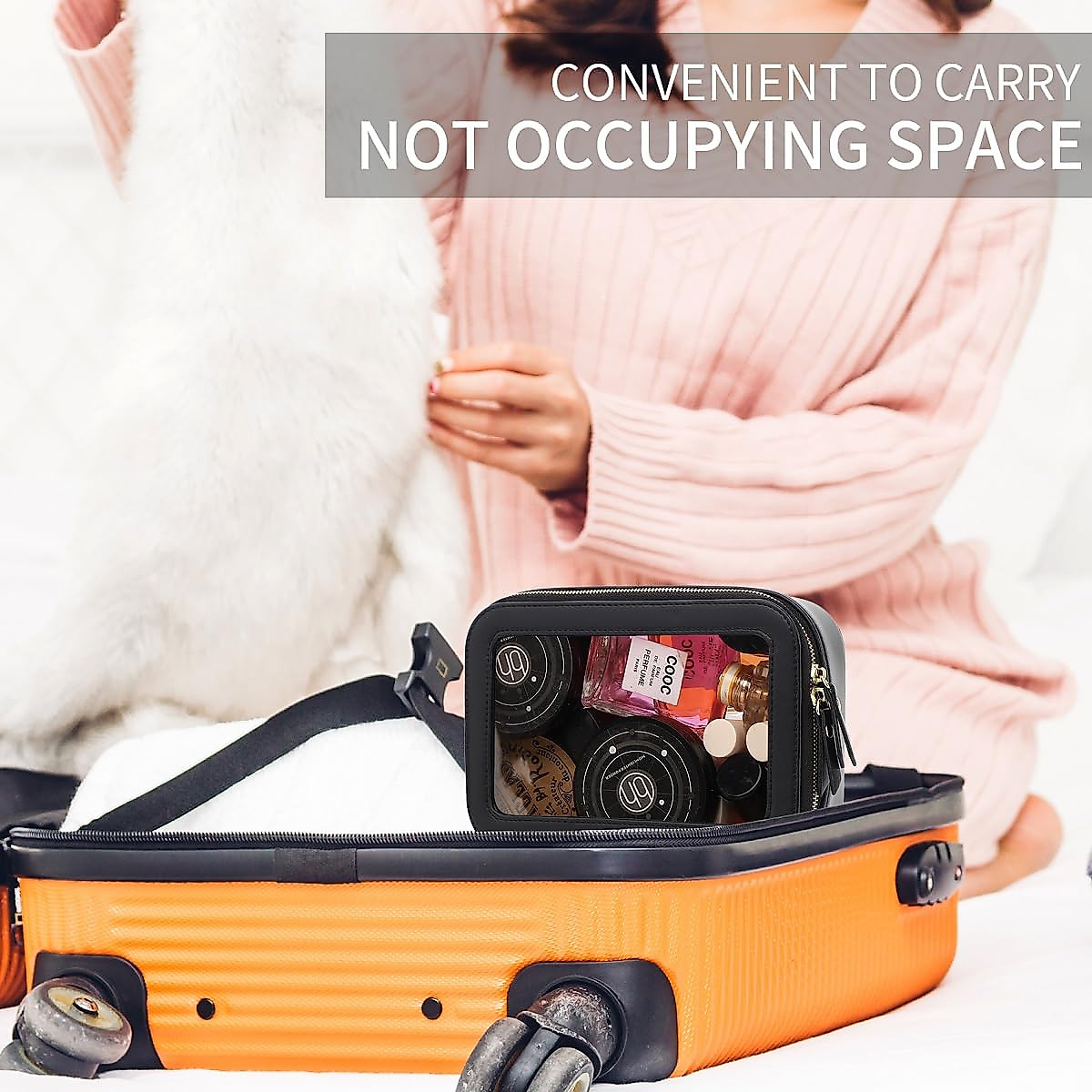 Pinkmik Clear Makeup Bag Transparent Travel Case for Cosmetics and Toiletries Women's Clear Car Bag with Zipper (Black, Small)