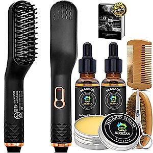Beard Straightener w/Beard Balm & Beard Growth Oil & Beard Comb & Beard E-Book,Patented Design 3 in 1 Hair Straightener Brush Beard Straightening Comb,Unique Stocking Stuffers Gifts for Men Women Him
