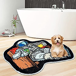 Fun Cartoon Leisurely Astronaut Graphic Print Bathroom Rug Super Absorbent Microfiber Carpet Creative Art Plush Rugs Non-Slip Rubber Mat