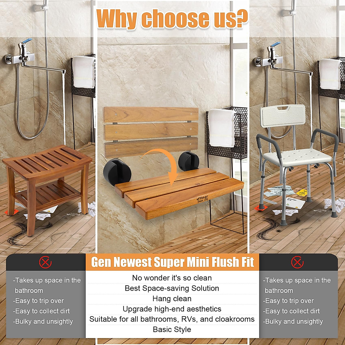 20" Folding Teak Shower Seat Wall Mounted,Fold Down Shower Seat,Foldable Shower Bench,Home Care Teak Shower Seat Bench for Inside Shower,Folding Shower Seat Bench,Wall Mount Shower Seat Bench Chair