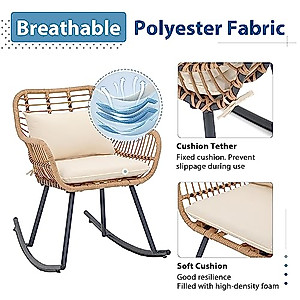 JOIVI Outdoor Furniture Rocking Chairs Set, 3 Piece Wicker Patio Rocking Chairs and Side Table Set, Outdoor Bistro Conversation Set for Porch, Balcony, Poolside, Yard, White Cushions