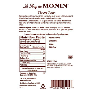 Monin - Desert Pear Syrup, Bold Flavor of Prickly Pear Cactus, Natural Flavors, Great for Iced Teas, Lemonades, Cocktails, Mocktails, and Sodas, Non-GMO, Gluten-Free (1 Liter)