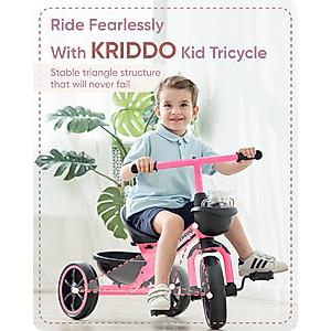 KRIDDO Tricycle for 2-5 Year Olds - Pink Toddler Trike With Gift for 24 Month to 4 Year Old Girls