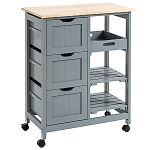 HOMCOM Rolling Kitchen Island Cart, Bar Serving Cart, Compact Trolley on Wheels with Wood Top, Shelves & Drawers for Home Dining Area, Grey