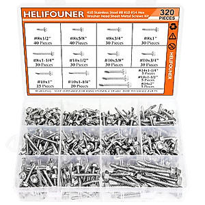 HELIFOUNER 320 Pieces #8#10#14 Hex Washer Head Self Drilling Sheet Metal Screws Assortment Kit, 410 Stainless Steel