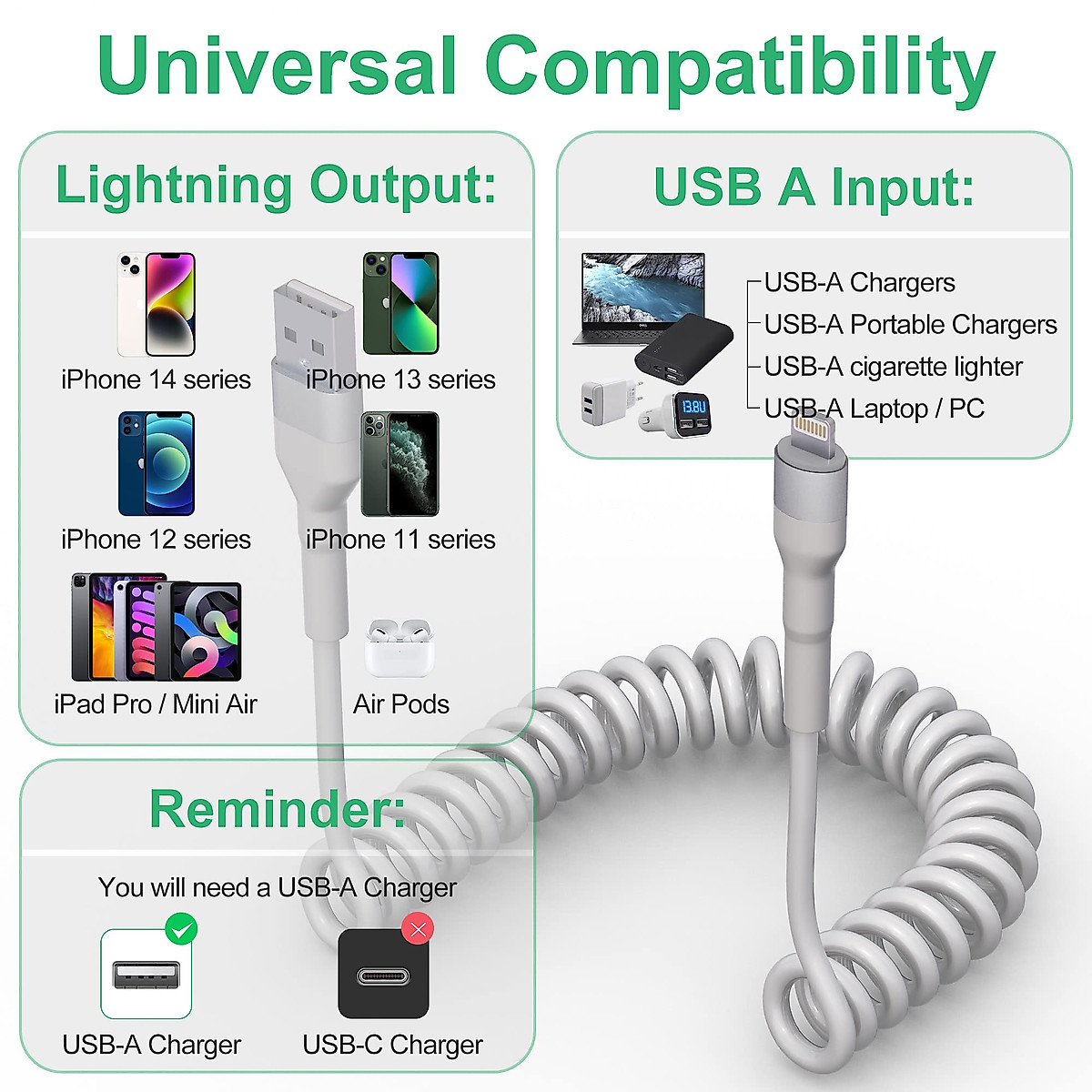 Coiled iPhone Lightning Cable Apple Carplay Cable MFi Certified, Retractable Apple Car Play Cord with Data Sync and LED, Short Coiled iPhone Charger Cable for iPhone/Pad/Pod, White