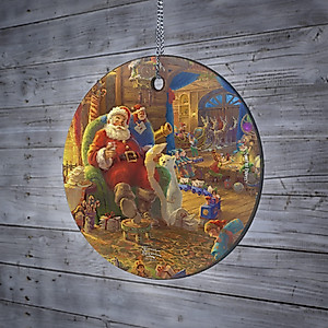 Thomas Kinkade - Santa’s Workshop - Checking His List - 3.5” Starfire Prints Hanging Glass Print Accessory – Officially Licensed Collectible | Complimentary Velveteen Gift Bag