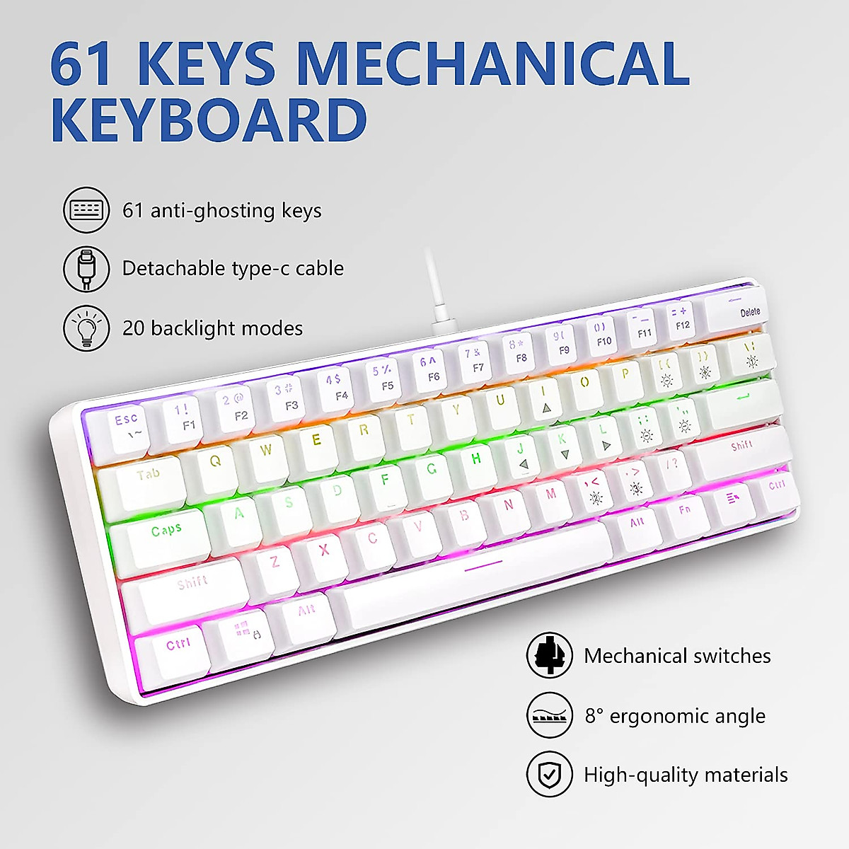 RedThunder 60% Mechanical Gaming Keyboard, 61 Keys Ultra-Compact Wired Mini Keyboard, Rainbow RGB Backlight for Typist Laptop PC Mac Gamer (White, Red Switch)