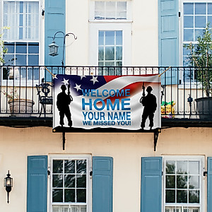 BannerBuzz Vinyl Banner, Welcome Home We Missed You Soldier, PVC Flex, 11 oz, Hemmed Edges with Grommets, Single Sided Print, Full Color 600DPI Eco Solvent Printing (10' W X 4' H)
