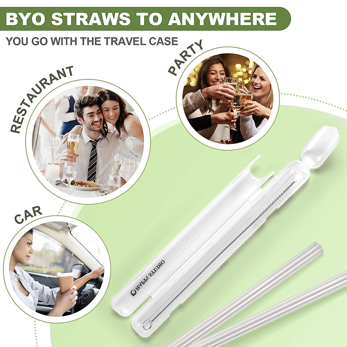 HAPPi STUDIO 8-Pack Glass Straws with Travel Case - 8"x10mm Reusable Straws with 2 Cleaning Brushes - Clear Glass Straws Shatter Resistant - Glass straws Drinking Reusable Smoothie Straw, Coffee Straw