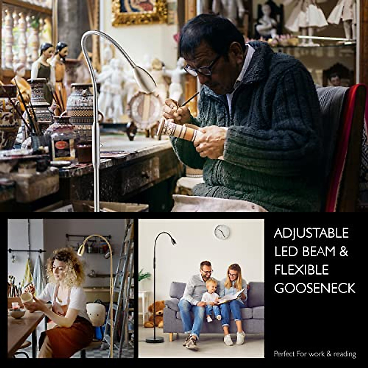 O’Bright Ray – Adjustable LED Beam Floor Lamp, Dimmable and Zoomable Spotlight, Flexible Gooseneck, Reading/Crafting Standing Lamp, Work Table Light, Antique Brass