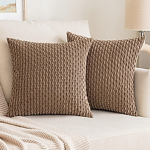 EMEMA Throw Pillow Covers Soft Corduroy Decorative Boho Striped Pillowcases Square Cushion Case Farmhouse Home Decor for Couch Sofa Living Room Bed Pack of 2, 18x18 Inch Brown