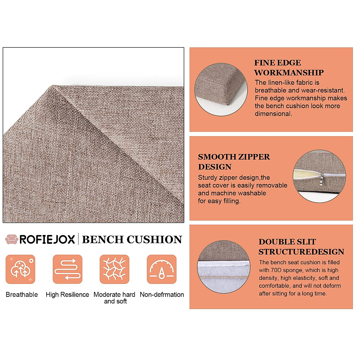 ROFIEJOX Bench Cushion - Durability,Waterproof Fabric for Outdoor Indoor Seat Furniture, 50A High-Density Resilience Sponge,Brown,36x14x3
