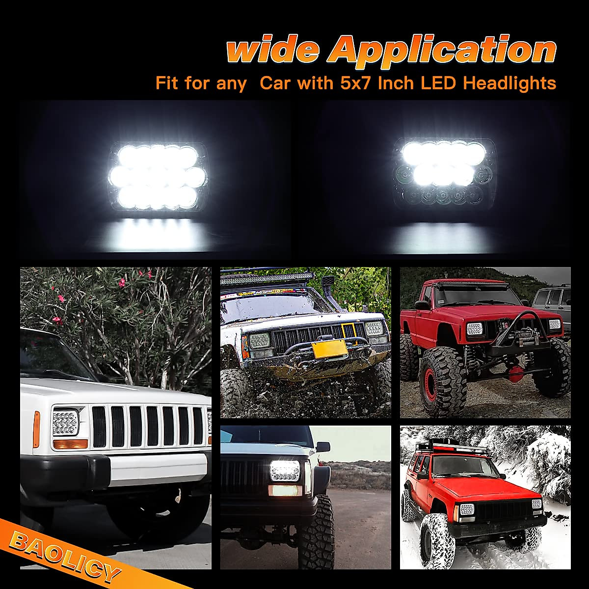 BAOLICY 5x7 H6054 LED Headlights DOT Approved 7x6 Hi/Low Sealed Beam H5054 H6052 6053 Rectangular Head Lights 2PCS 45W for xj yj Chevy S10 Blazer Ford Probe Off-Road Truck VAN SUV