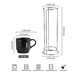 LAUCHUH Stackable Coffee Mug Set with Rack - 15 Ounce for Coffee, Tea, Cocoa, Milk, Set of 4, Father Day Gifts, Black Matte,Black