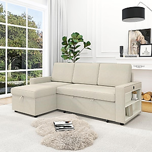 ONEMMLION Convertible Sleeper Sofa Couch with Pullout Bed, 85.8" Reversible Sectional Sofa Bed with Storage Chaise&Storage Racks, 3 Seat L-Shape Pull Out Couch with USB Charge Ports(Beige)