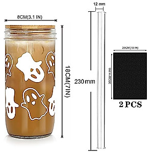 Halloween Cups, Ghost Decor 24oz Halloween Mug Mason Jar Glass Cups with Lids and Straws Ghost Tumblers Coffee Cups Cookie Jar Glasses Halloween Glassware Drinking Glasses Halloween Decorations Indoor