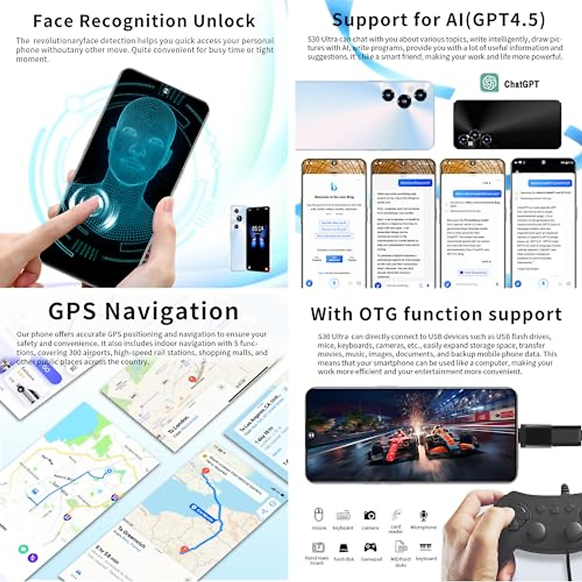 VSMOX S30Ultra Mobile Phones Sim Free Unlocked, Android 13 Cheap Phone, 8000mAh, 108MP 50MP, 6.53in HD Screen, 5G Dual SIM Smartphones, Face ID, 10W Charger,White-8GB~256GB