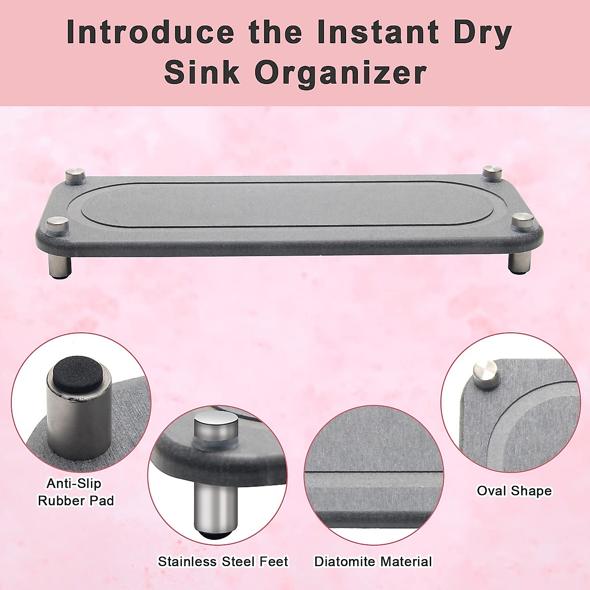Coldairsoap Instant Dry Sink Organizer, kitchen Bathroom Sink Fast Drying Stone, Water Absorbing Stone Tray For Sink With 1Pcs Soap Rack(Grey)