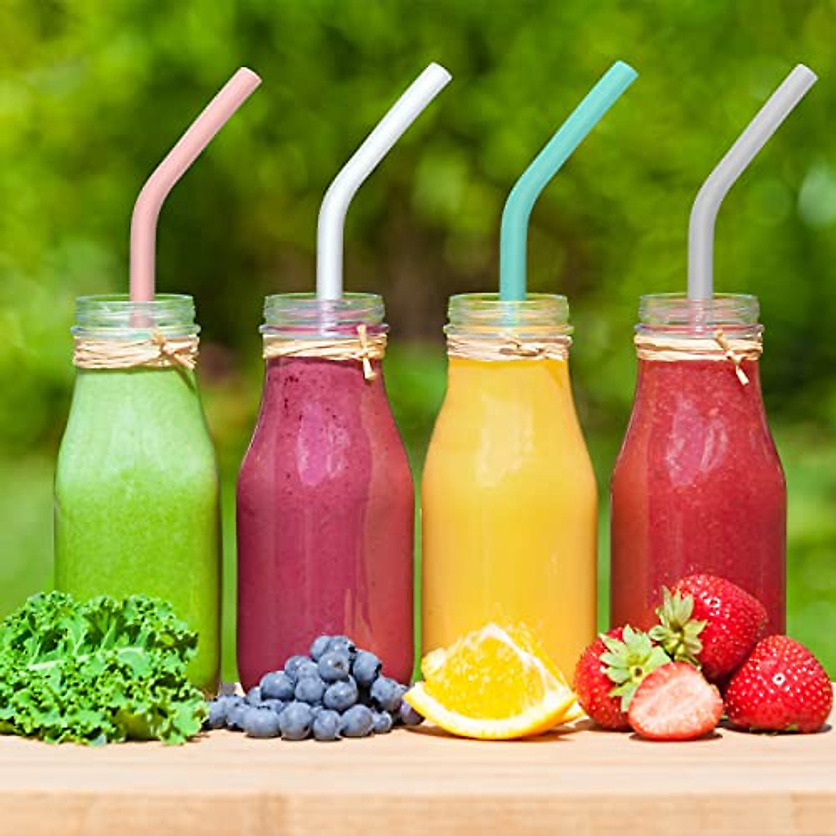 Elyum Set of 12 Reusable Silicone Straws, 10'' Extra Long Silicone Drinking Straws with 1 Bag and 2 Cleaning Brushes Multicolor BPA Free Smoothie Straw for 30oz and 20oz Tumblers (12 Bent)