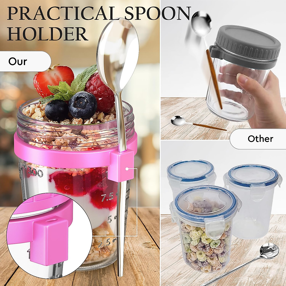 4 Pack Overnight Oats Containers with Lids and Spoons - 16 Oz Glass Mason Jars - Storage Jars Set for Oatmeal - Large Food Jars - Glass Container for Chia Pudding Milk Cereal Fruit - Gift for Women