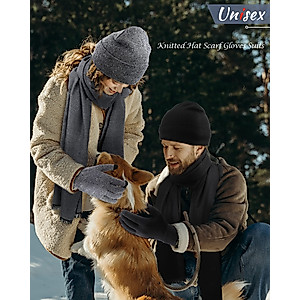 SATINIOR 6 Pieces Winter Warm Knit Beanie Hat Touchscreen Gloves Scarf Set Fleece Lining Skull Caps Neck Scarves, Black, Gray, One Size