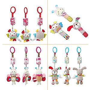 6 Pcs Baby Hanging + Hand Rattles Toys, Soft Crinkle Squeaky Sensory Learning Toy, Plush Animals Ring Stroller Infant Car Bed Crib Travel Activity Hanging Wind Chime for Babies Toddlers