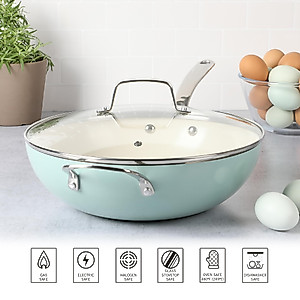 MARTHA STEWART Lockton 12" Essential Multipurpose Heavy Gauge Aluminum Frypan/Wok Pan w/PFA Free Premium Ceramic Nonstick Interior - Martha Blue